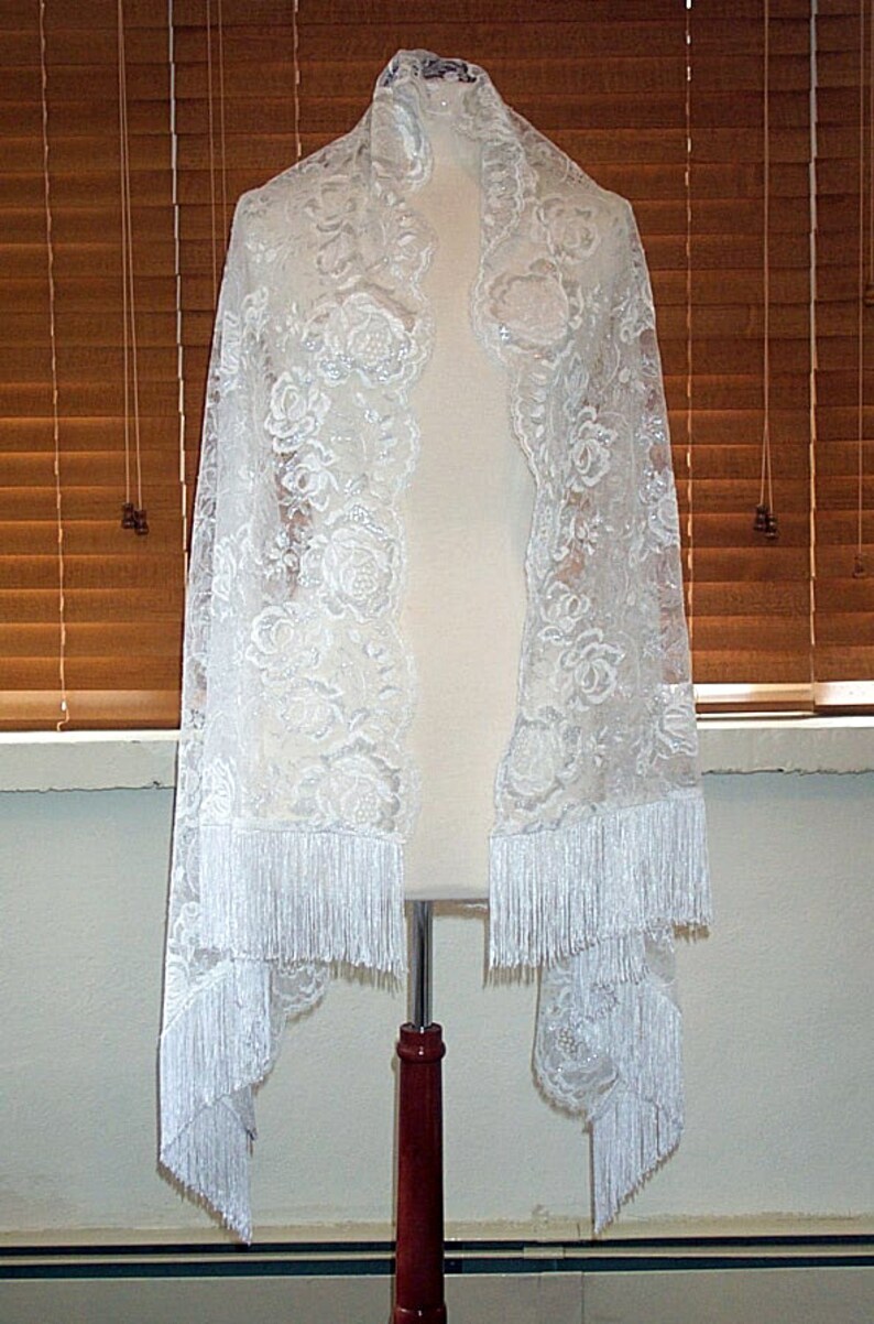 White and Silver Metallic Lace Shawl With Fringe. Edward Cromarty ...