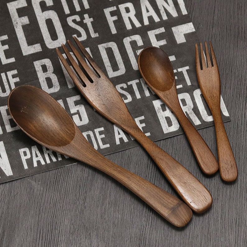 Japanese Wooden Walnut Spoon and Fork Set of 4 Japanese - Etsy