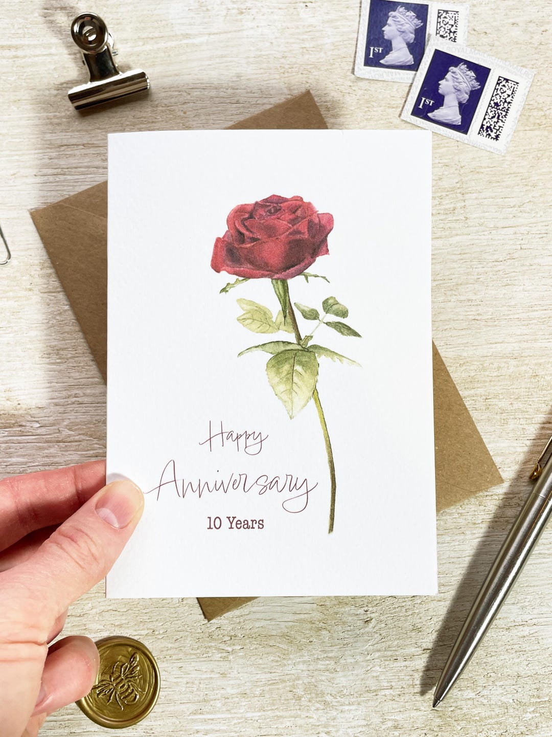 Red Rose Anniversary Card | Custom Years | Single Watercolour Rose ...