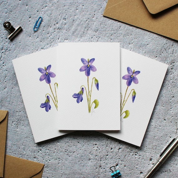 Pack of 6 Watercolour Violet Botanical Notecards 6 pack | Etsy
