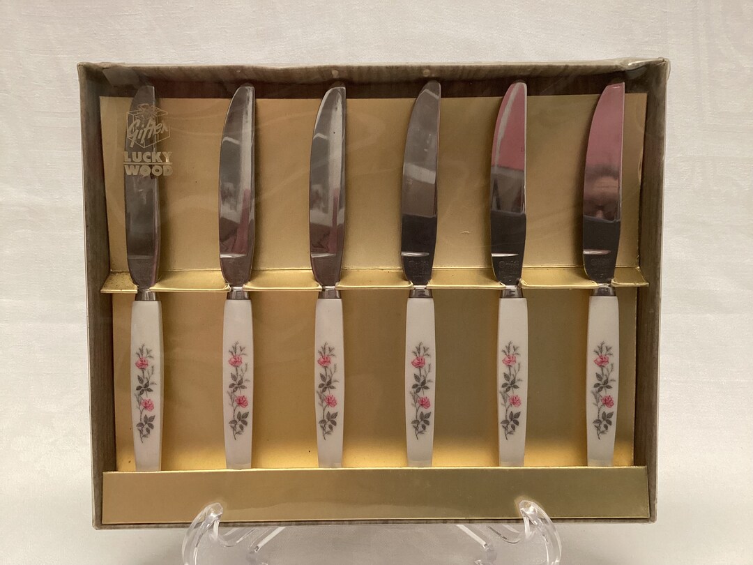 Vintage Lucky Wood Butter Knives Pink Rose Design Set of Six Original ...