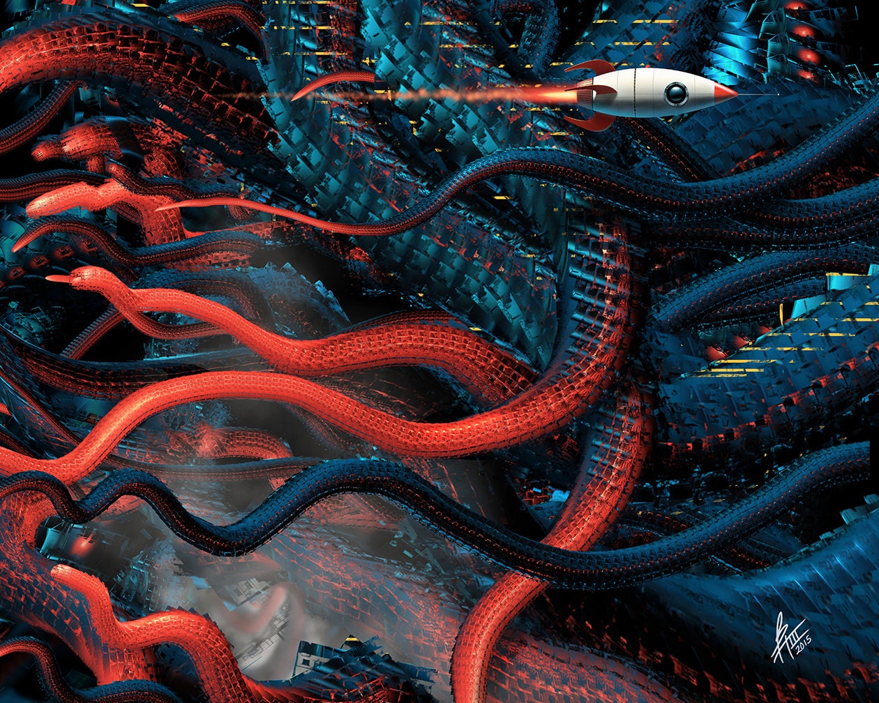 Retro Rocket Ship-red Tentacle Alien Outer Space Metallic-blue Metal ...