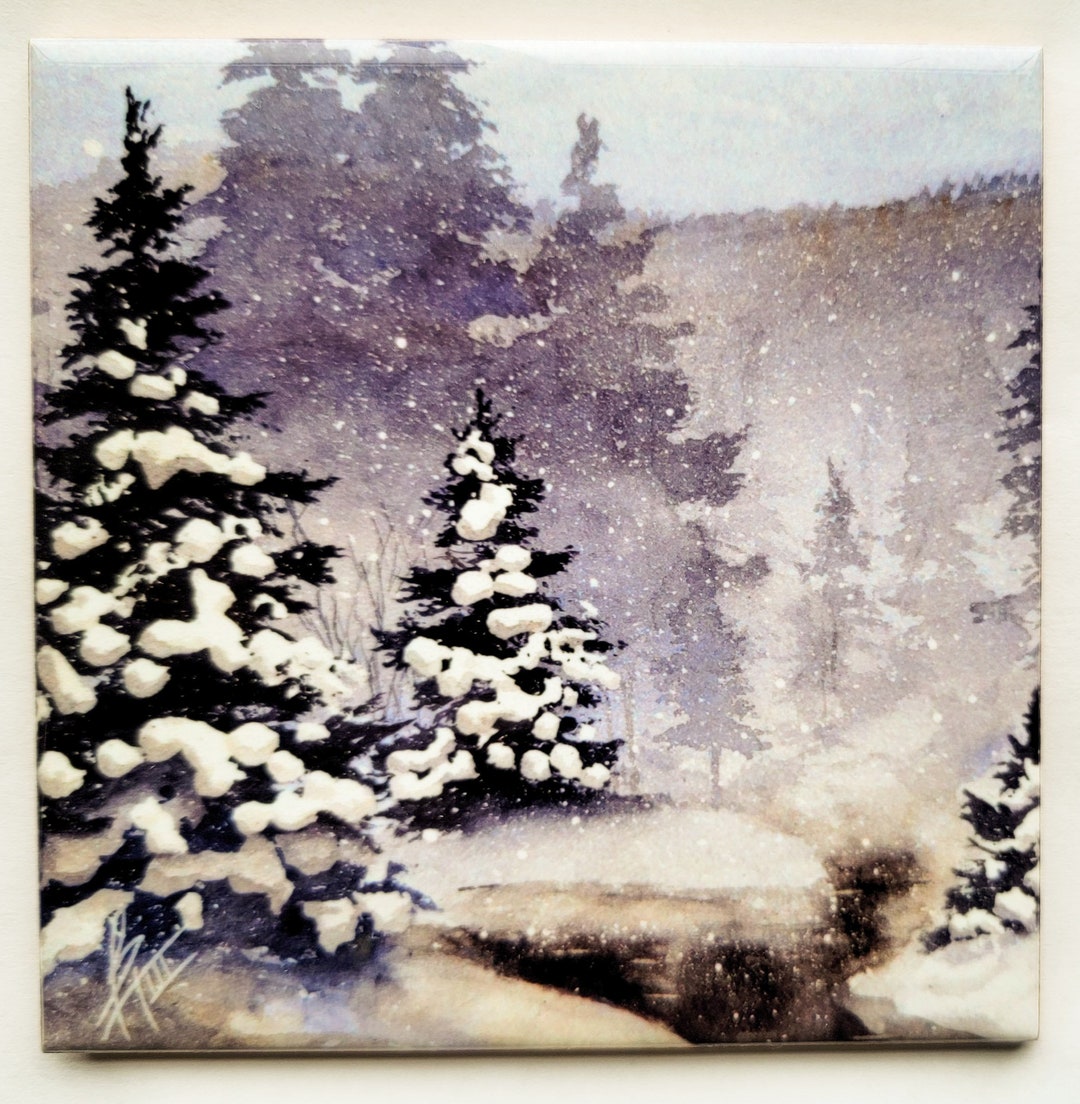 Watercolor Winter Scene Ceramic Coaster, Snowy Pine Tree Art: Original ...