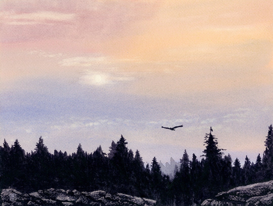 Lone Bird, Flying Over Forest, Colorful Sky and Gray Cliffs, Fine Art ...