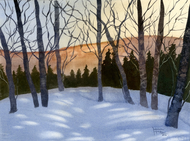 Watercolor Painting Prints Sunlight Trees Winter Shadows Snow Drifts ...