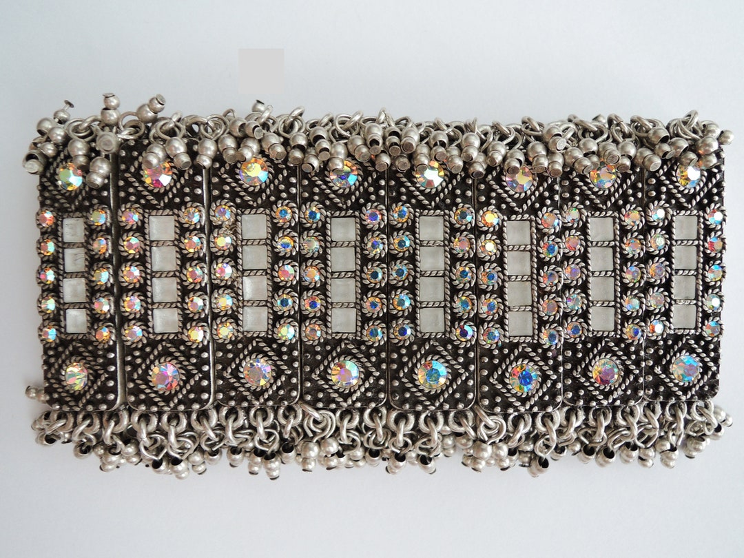 Edwardian Style Stretch Cuff Bracelet With Crystals and Shell Insets ...