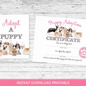 Puppy Party Pack Adoption Certificate, Adopt a Puppy Sign, Make a ...