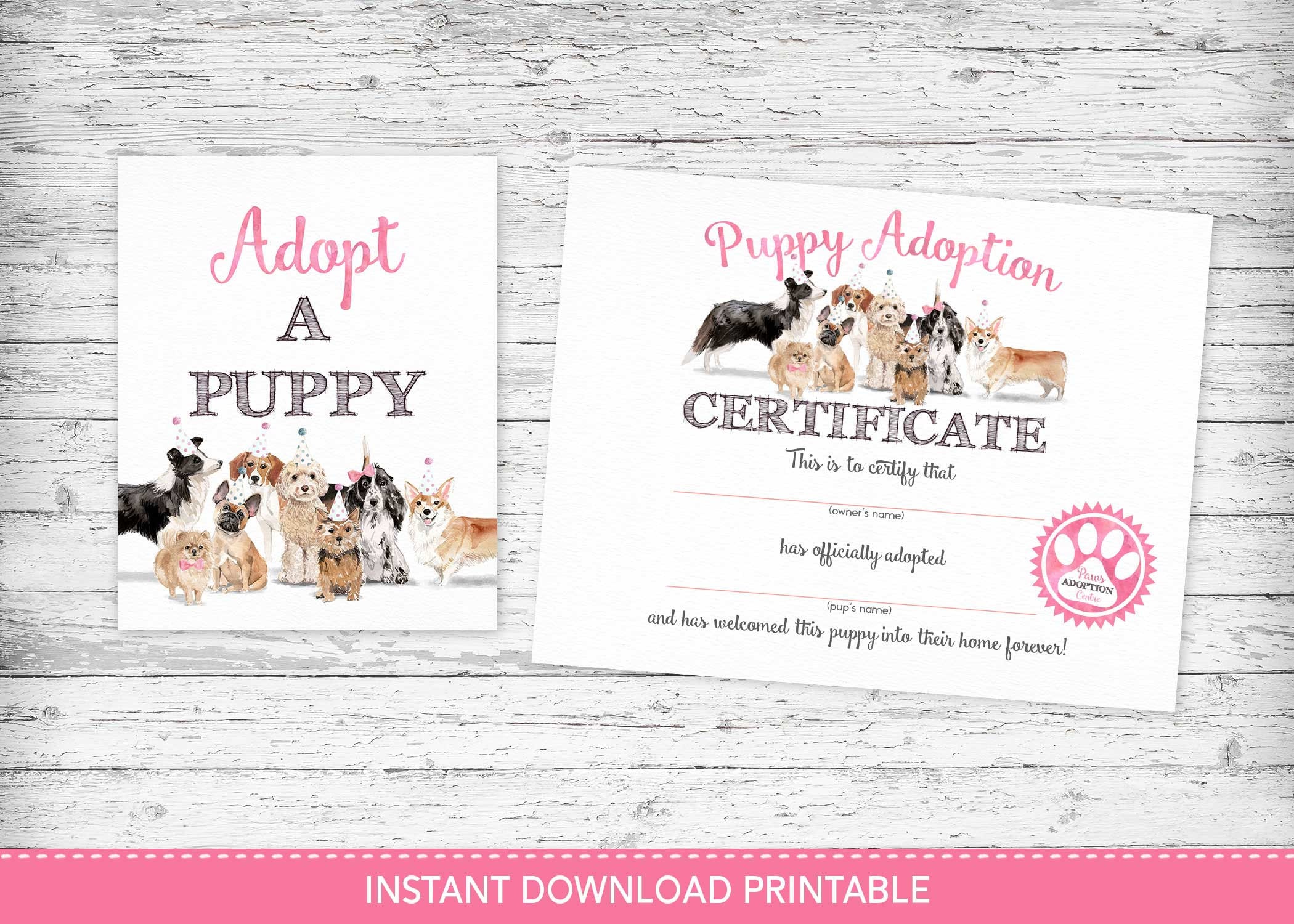 Puppy Party Pack Adoption Certificate Adopt a Puppy Sign | Etsy