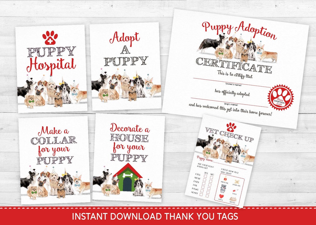 Red Puppy Party Pack Adoption Certificate, Adopt a Puppy Sign, Make a ...