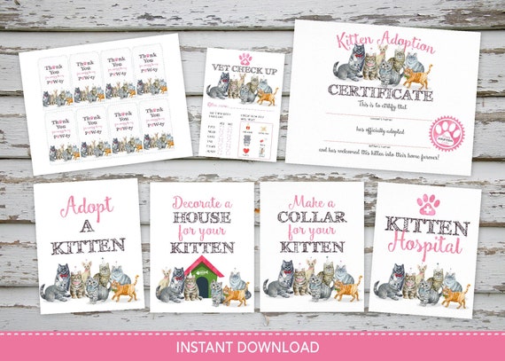 Kitten Party Pack Adoption Certificate, Adopt a kitten sign, Make a ...