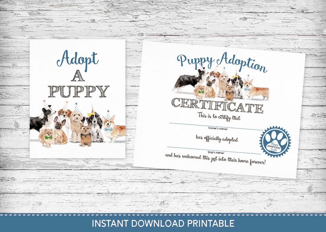 Dog Party Adoption Certificate, Adopt a Puppy Sign, Adopt a Pet ...
