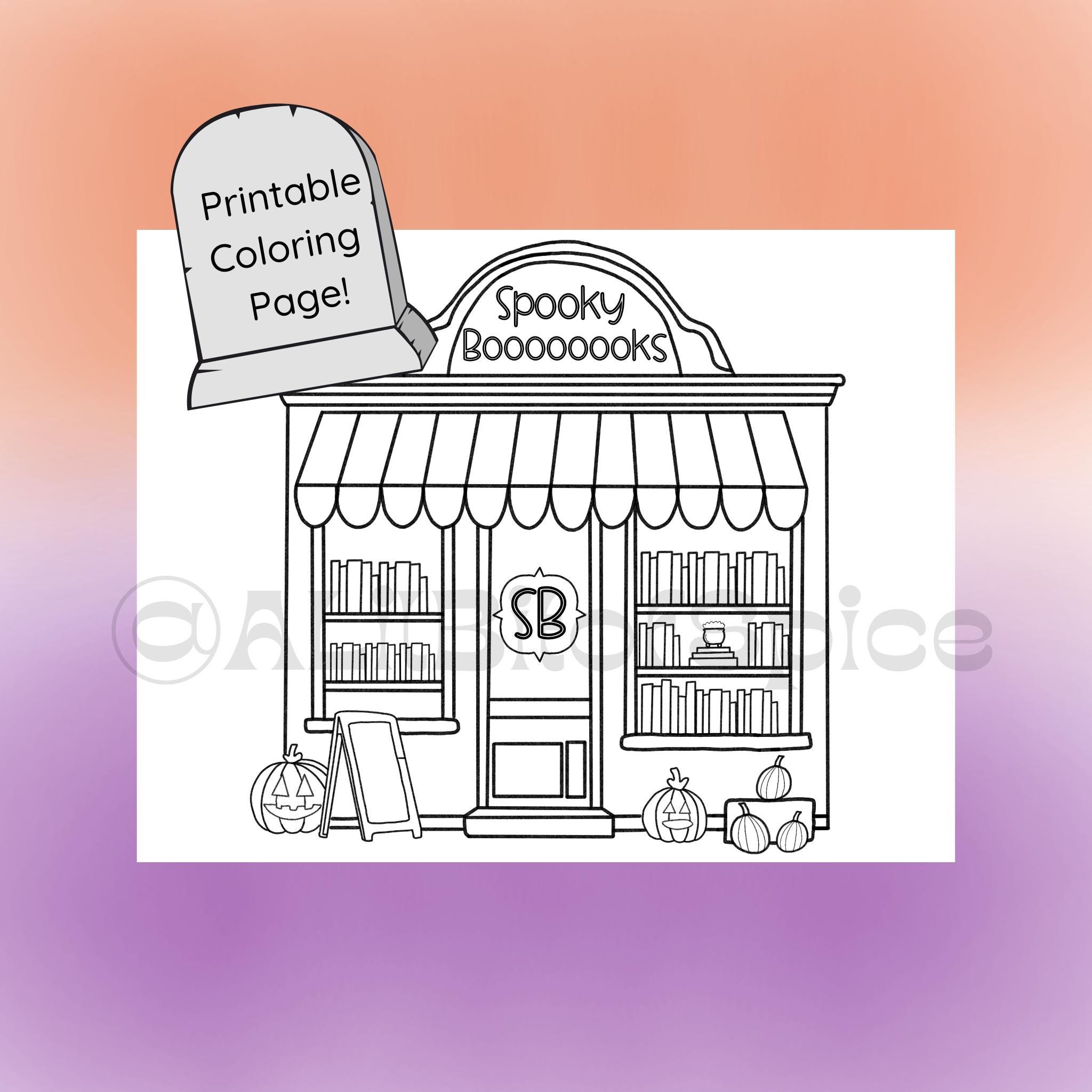 Spooky Bookshop Coloring Page: Halloween Printable (digital Download ...