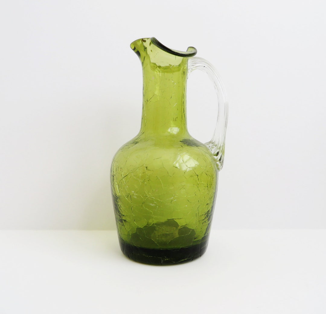 Retro Mini Pitcher Crackle Glass Pitcher Vintage Olive Green Crackle ...