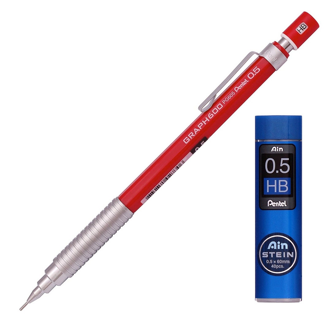Pentel Graph 600 0.5mm Drafting Mechanical Pencil- Red Body + HB Refill ...