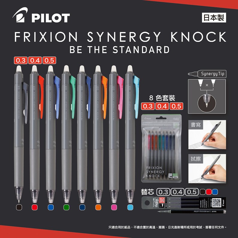 Pilot Frixion Synergy Knock Erasable Gel Pen 0.4mm - 8 Color Set - Etsy