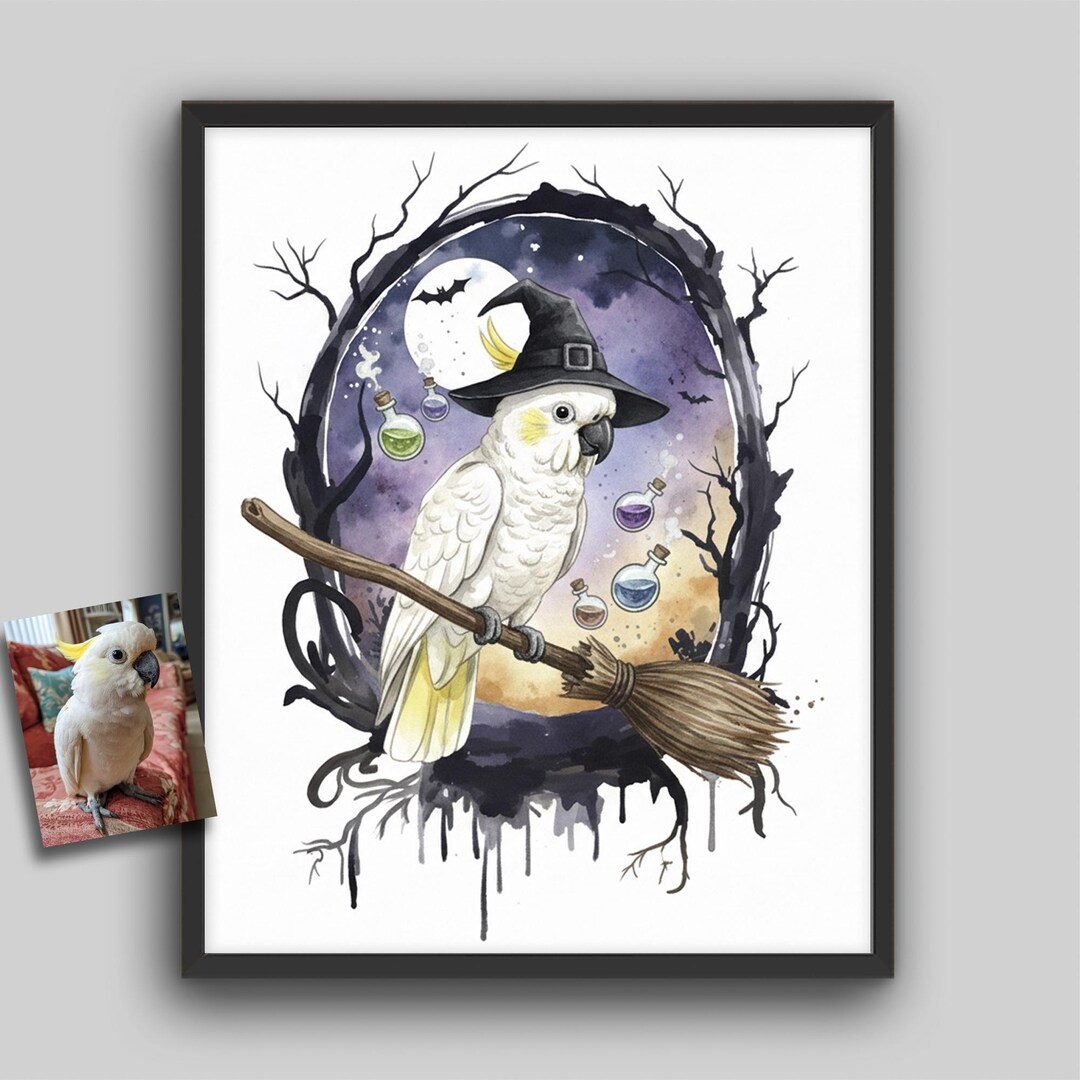 Custom Halloween Cockatoo Portrait in Witch Hat, Personalized Bird Art ...