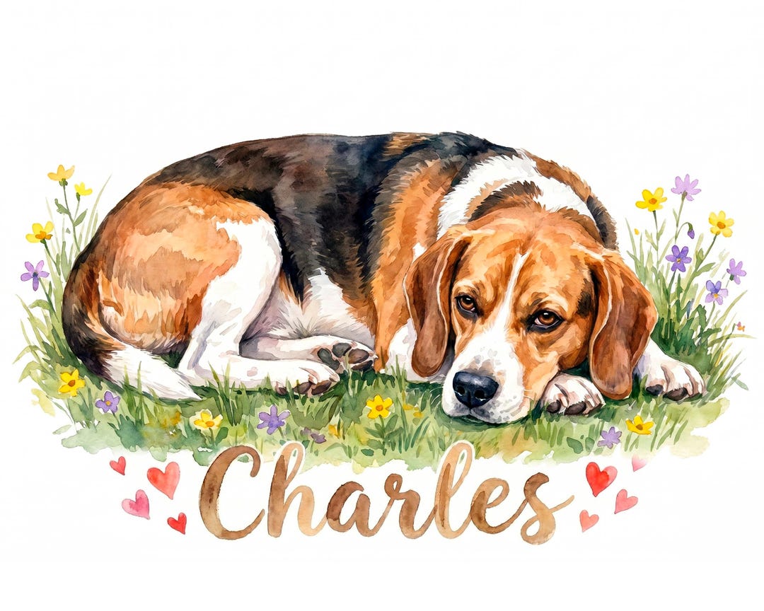 Custom Dog Portrait With Name, Watercolor Memorial Painting, Beagle ...