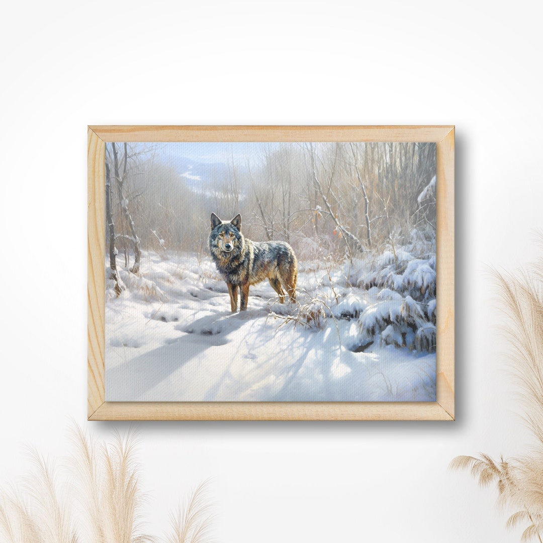 Wolf Standing in Winter Snow, Canvas Giclee Print, Oil Acrylic Painting ...