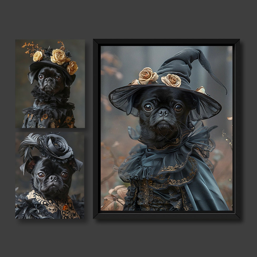 Custom Gothic Witch Portrait From Photo | Black Pug Dog, Pet Painting ...
