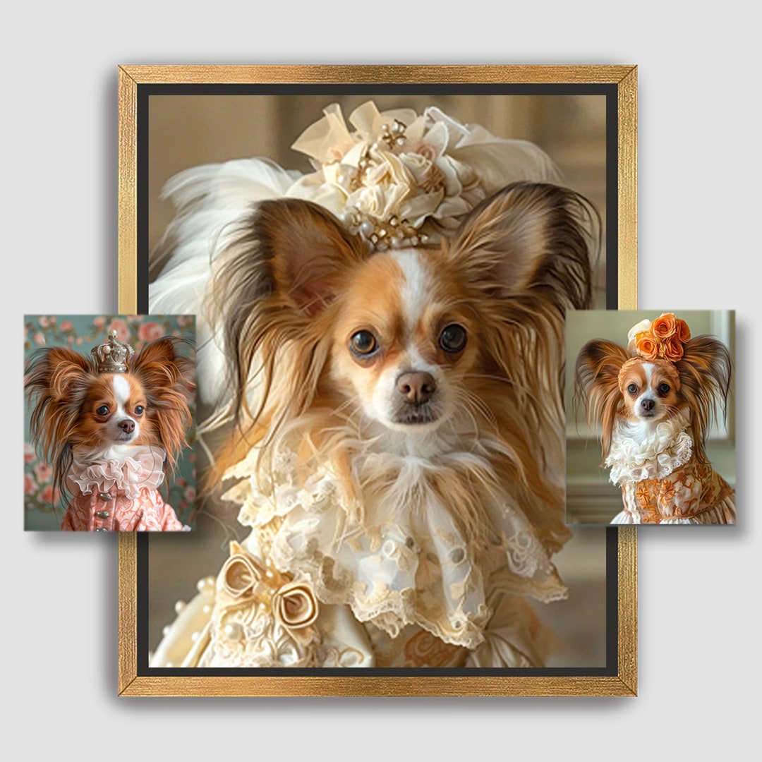 Custom Costume Portrait From Photo Papillon Dog, Pet in Rococo Outfit ...