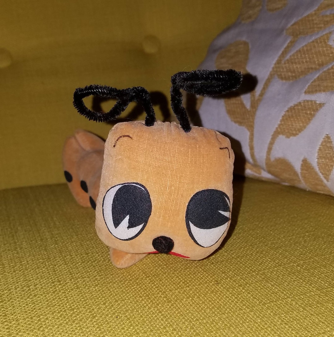 SUPER CUTE Vintage Velvet Velveteen Sad Big Felt Eyes Worm Orange ...