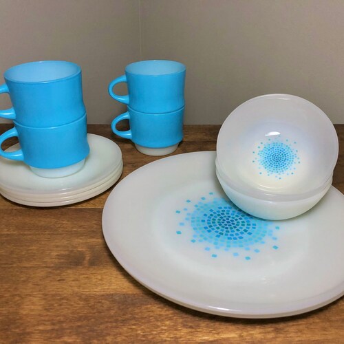 Vintage Fire King Blue Mosaic Snack Set Mid Century Anchor | Etsy
