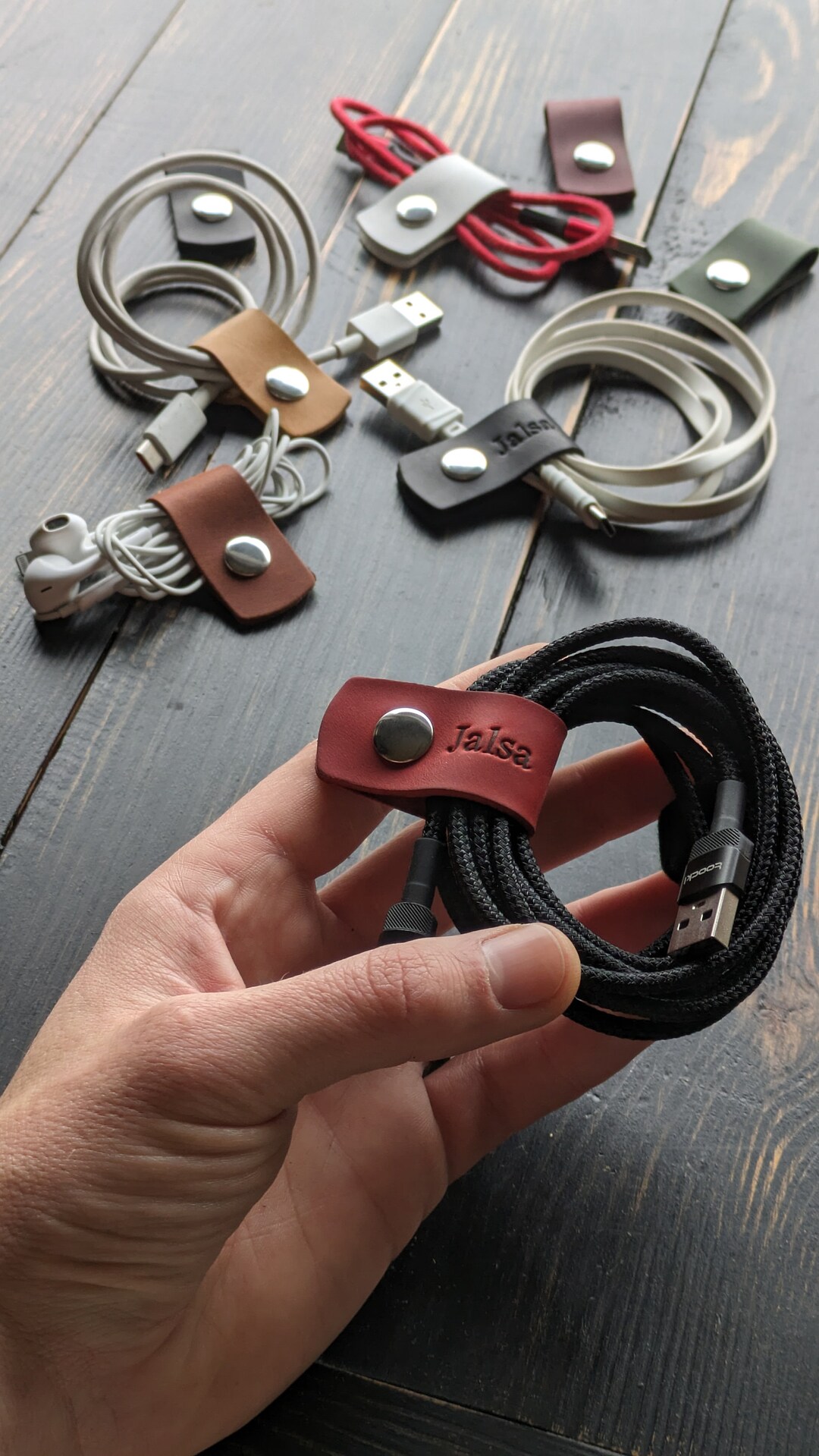 Red Leather Cable Organizer, Cord Keeper, Earphone Headphone Holder ...