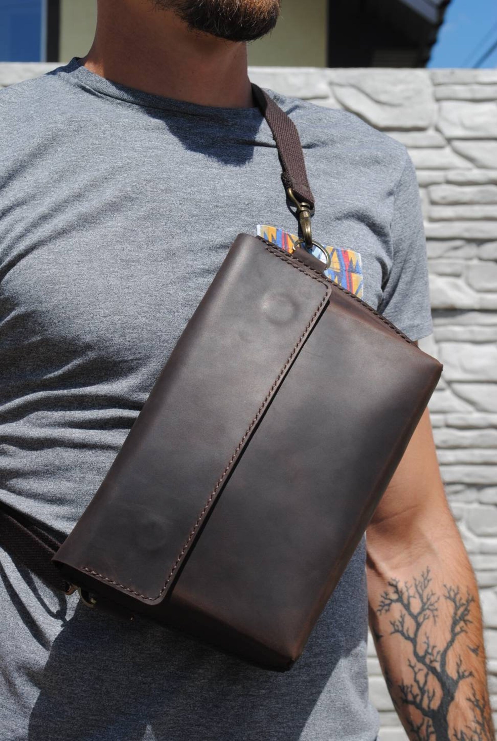 Black Leather Chest Bag Tactical Crossbody Bag Sling Bag - Etsy