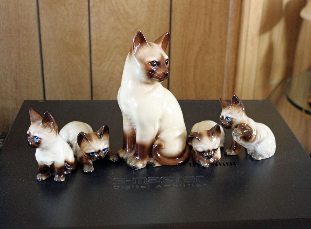 Siamese Momma & 4 Kittens Ceramic 5 Piece Set Brown Beige Blue Eyes ...