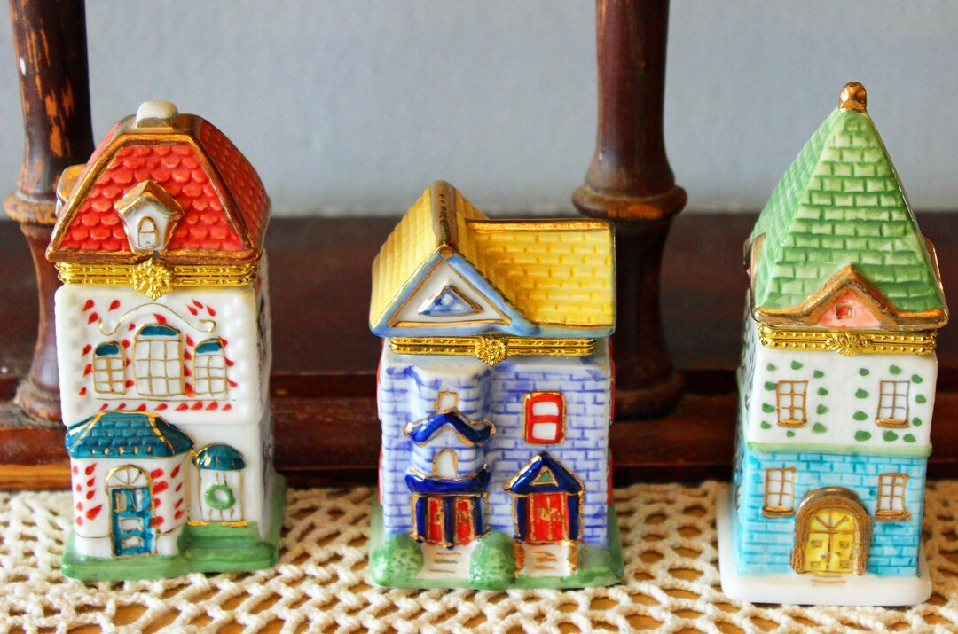 Set of 3 Trinket Box Houses House Shaped Trinket Boxes Ceramic Boxes ...
