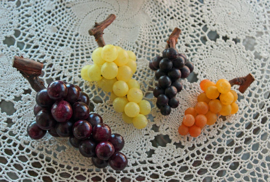 Grape Clusters Set Heavy Stone Natural Wood Stems Opaque Dark Purple ...