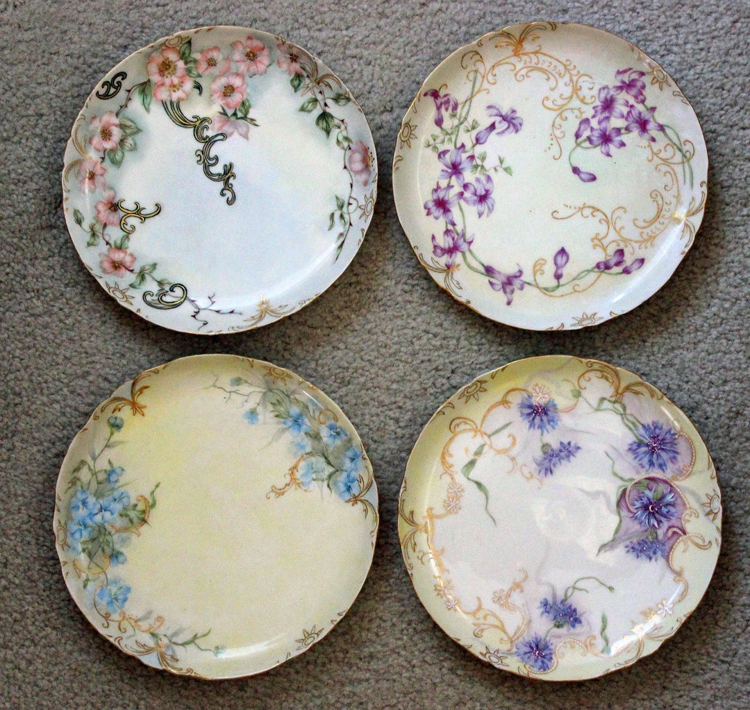 JPL Jean Pouyat Limoges China Plate Set of 4 Different Whimsical Floral ...