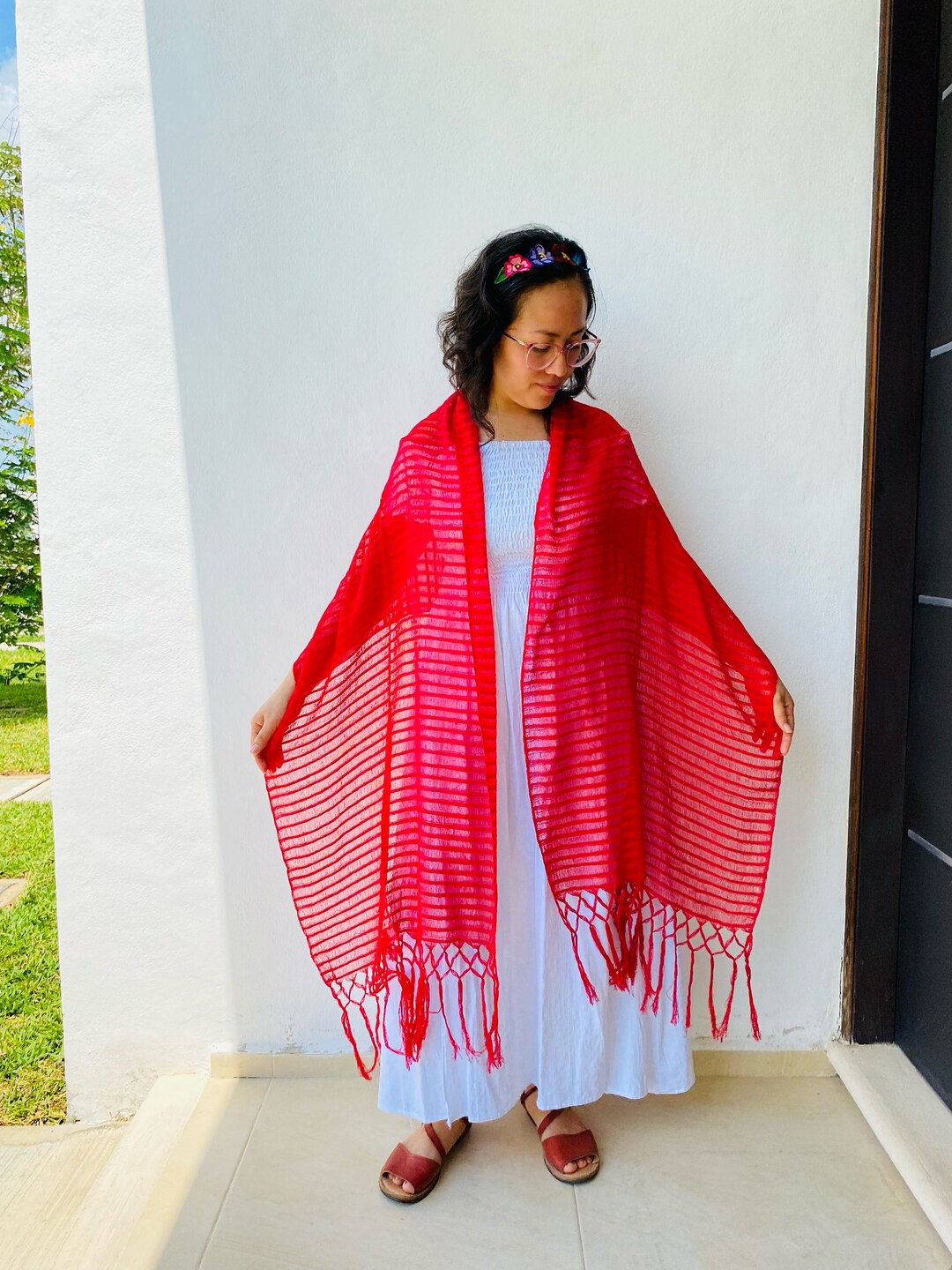 Typical Mexican Red Rebozo ~ 2.4 Meters / 95 Inches (including Fringes ...