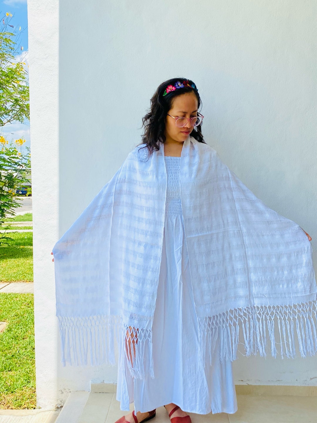 Typical Mexican White Rebozo ~ 2.4 Meters / 95 Inches (including ...