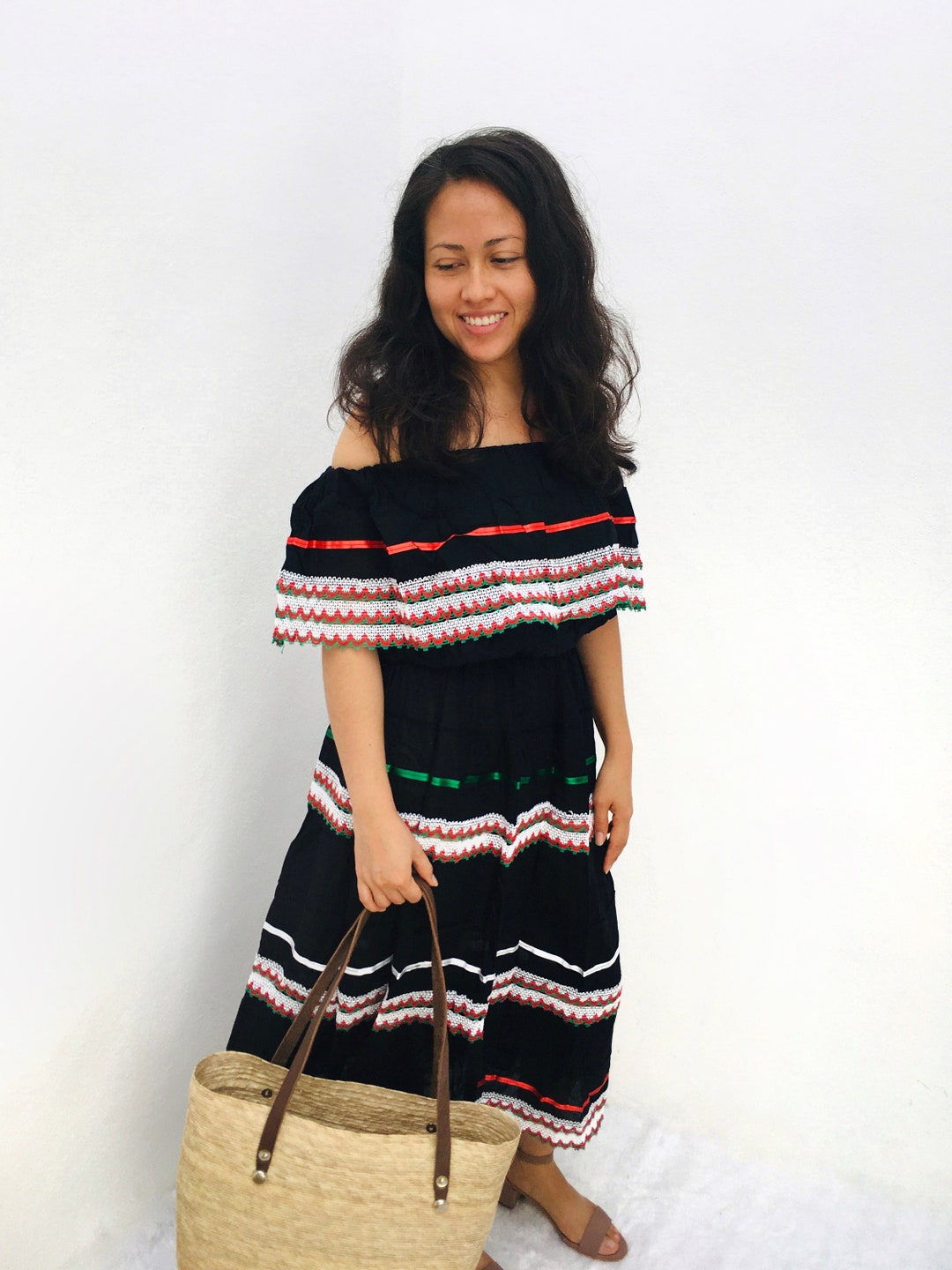 Black Tricolor off Shoulder Mexican Dress - Etsy