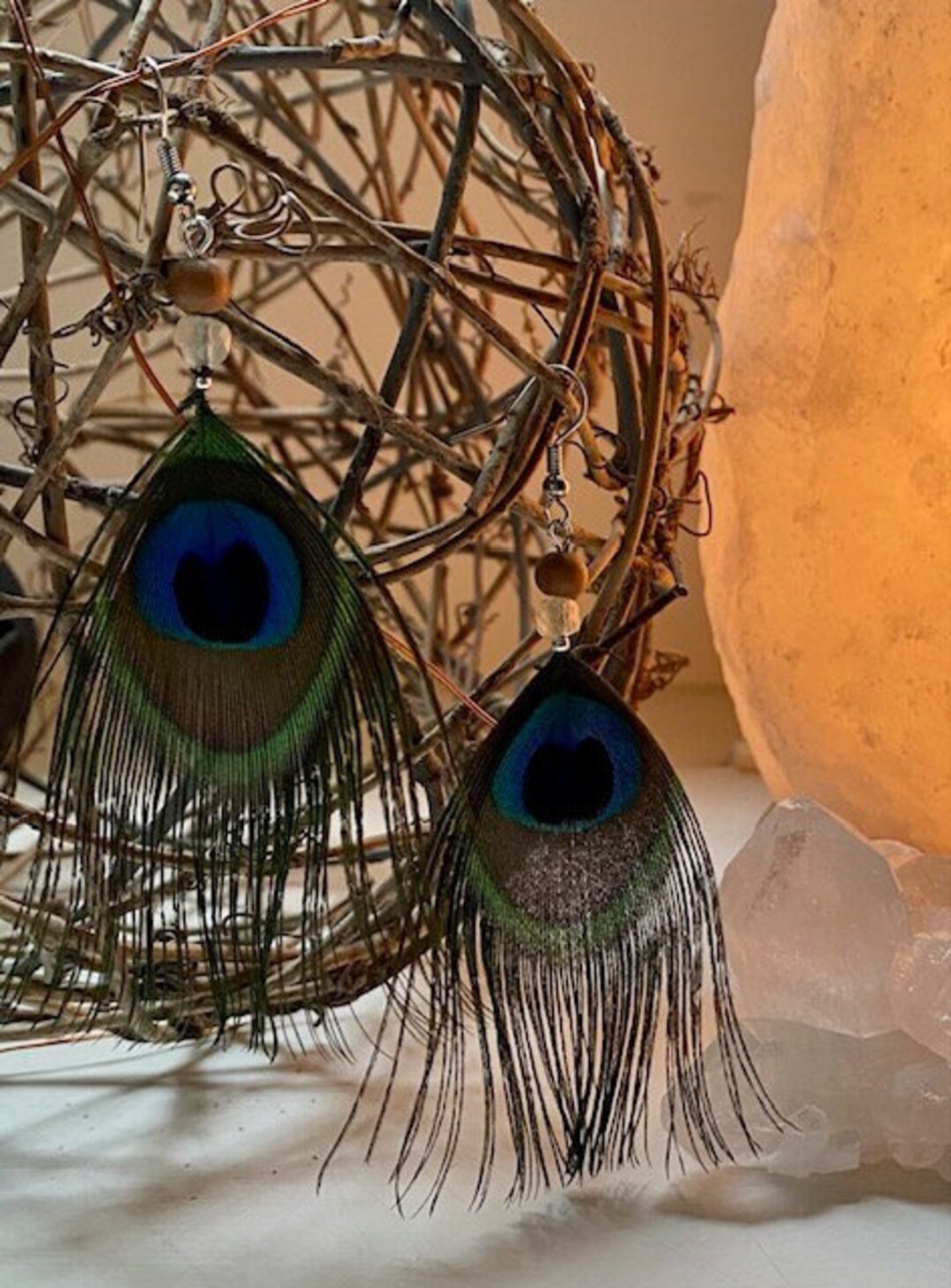 Reiki Infused Peacock Feather, Prehnite and Sandalwood Earrings - Etsy