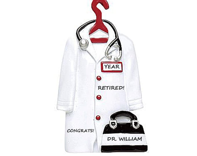 Doctor Retiring White Medical Coat Hanging up Personalized Ornament ...