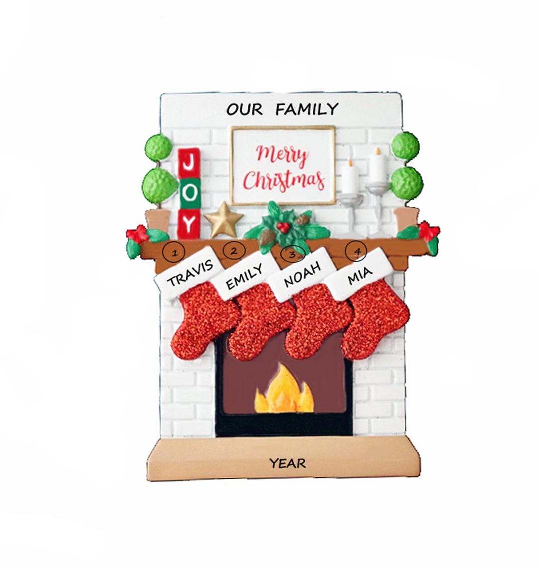 Modern Family of 4 Stocking Fireplace Personalized Ornament - Family 4 ...