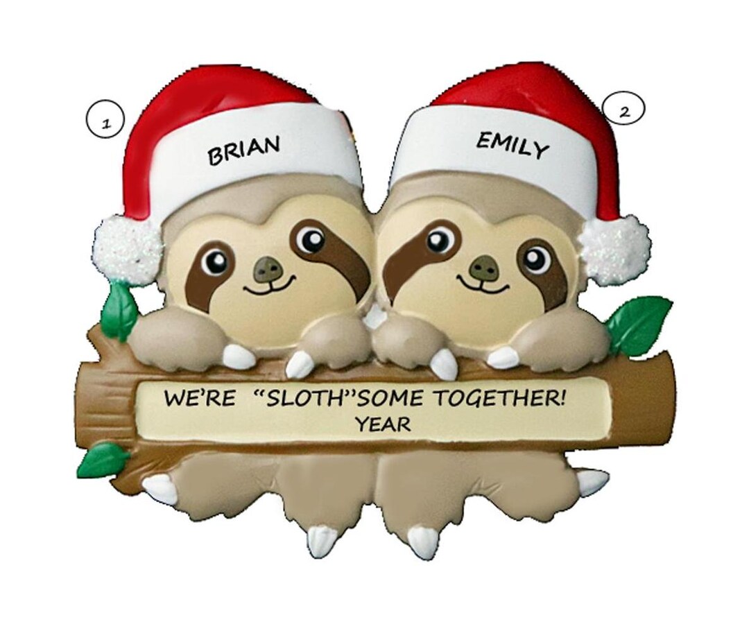 Personalized Sloth Couple Christmas Ornament - 2 Sloths Laying on Log ...