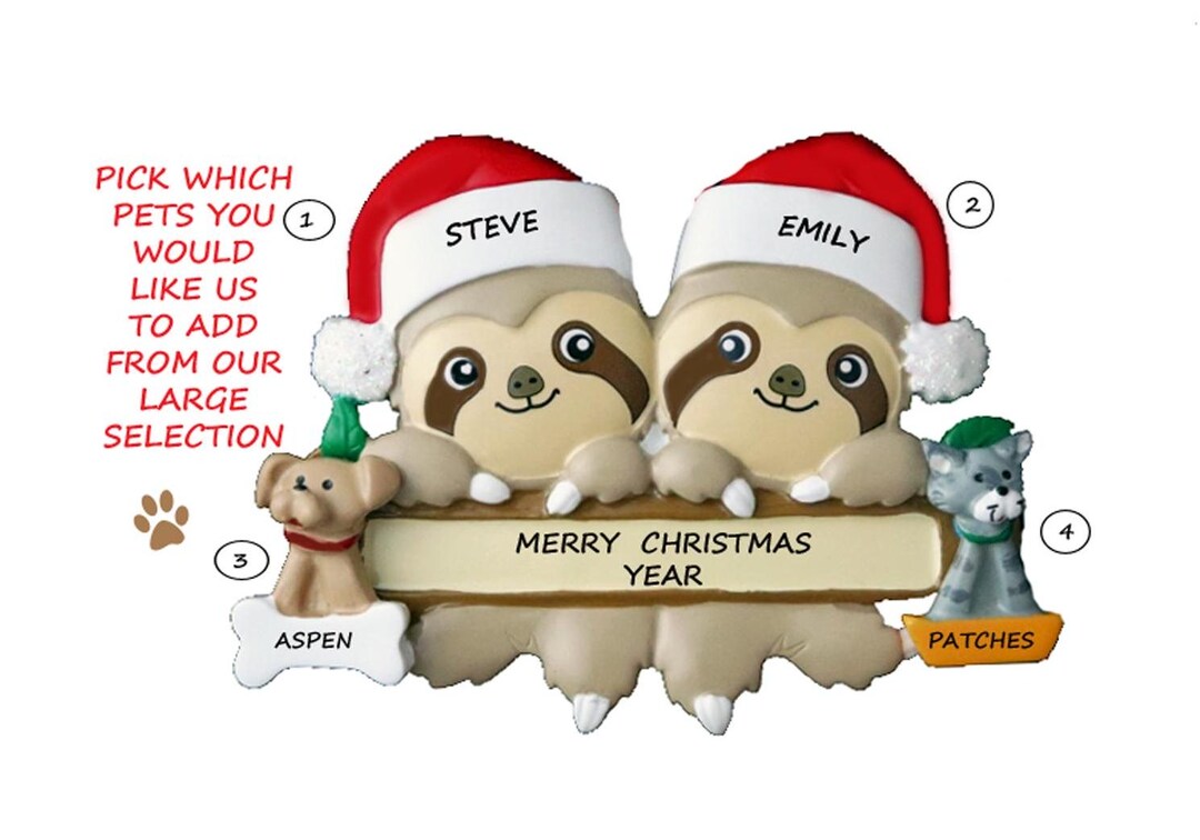Sloth Couple With 2 Custom Pets Dogs, Cats or Bunnies Personalized ...