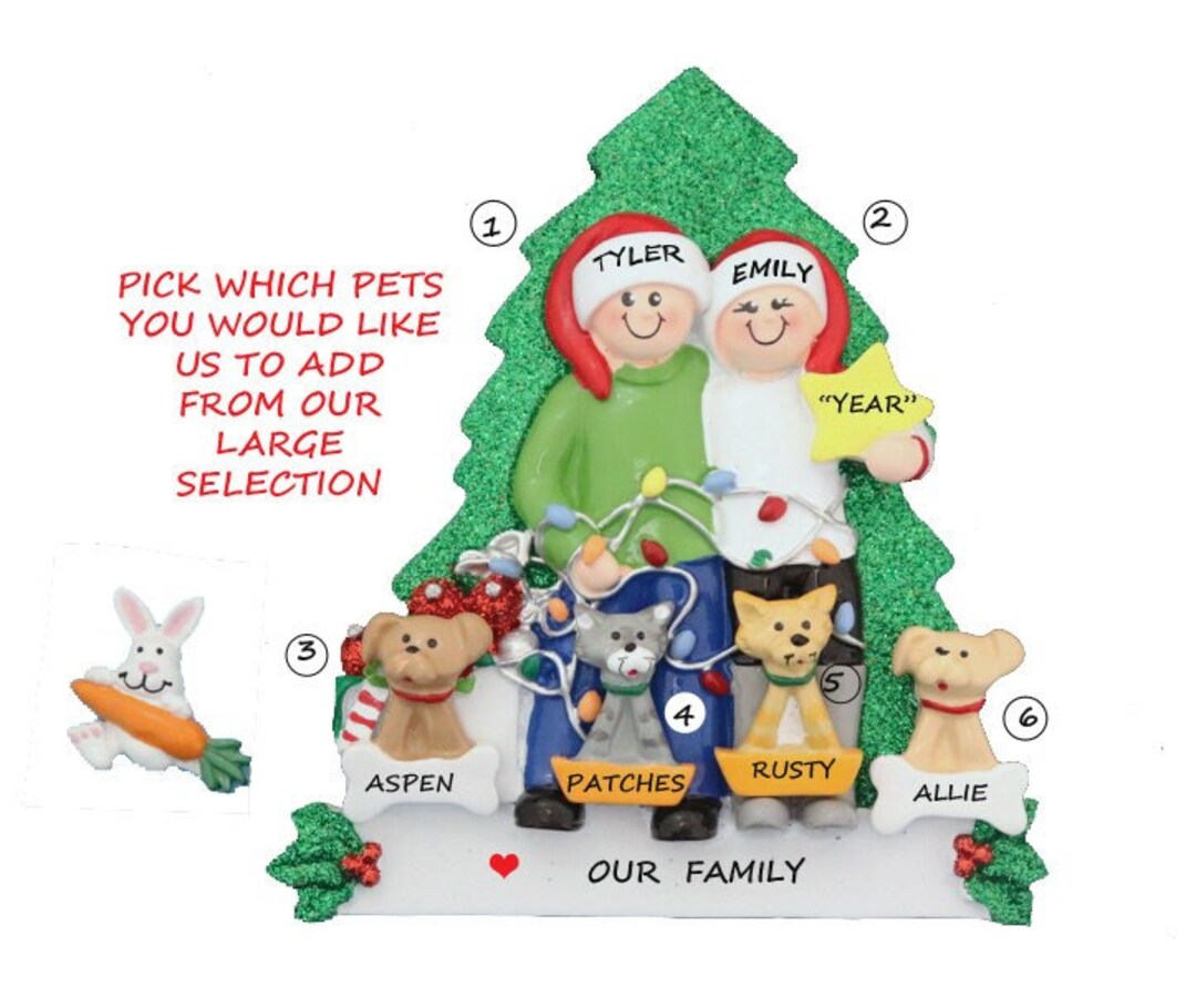 Couple With 4 Custom Pets Dogs or Cats Personalized Christmas Ornament ...