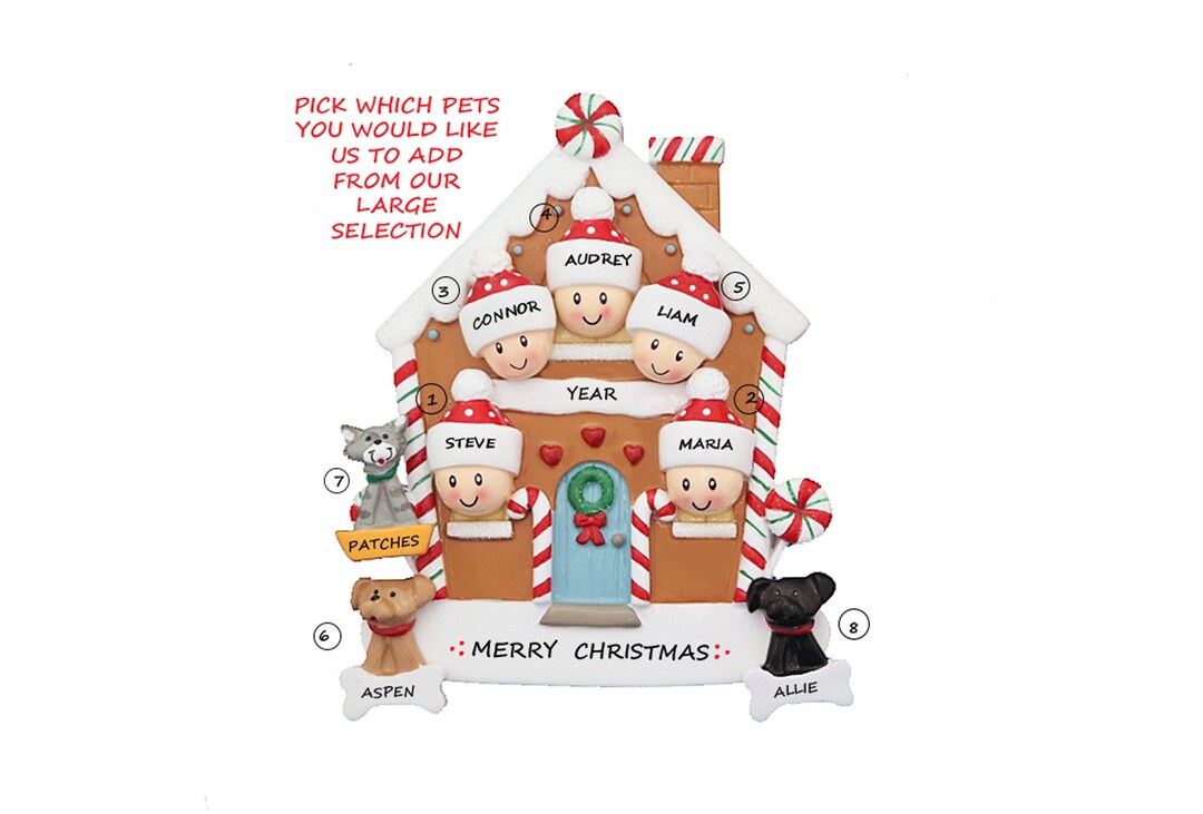 Gingerbread House Family of 5 Ornament With 3 Pets - Home Sweet Home ...