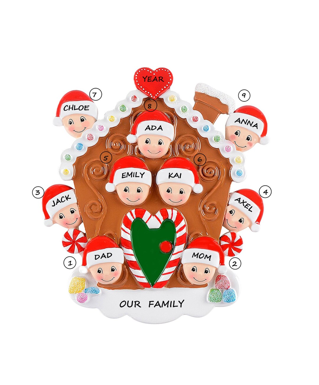 Custom Personalized Gingerbread House Family of 9 Ornament ...