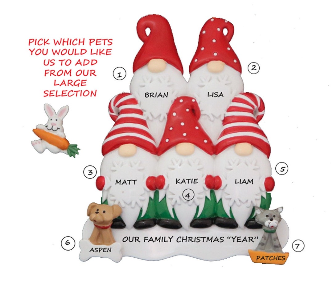 Personalized Gnome Family 5 With 2 Dogs, Cats or Bunnies Christmas ...