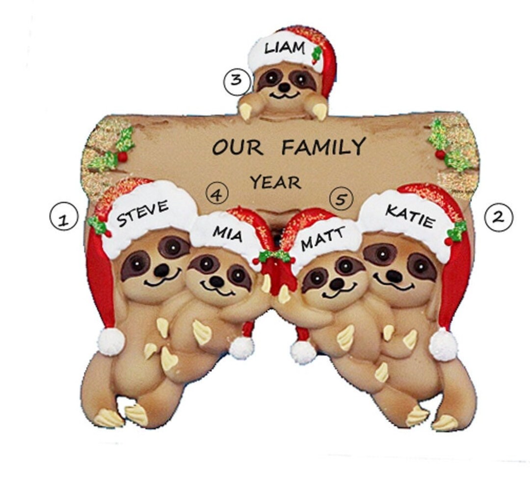 Sloth Family of 5 Personalized Ornament 5 Sloths Hanging on Log ...