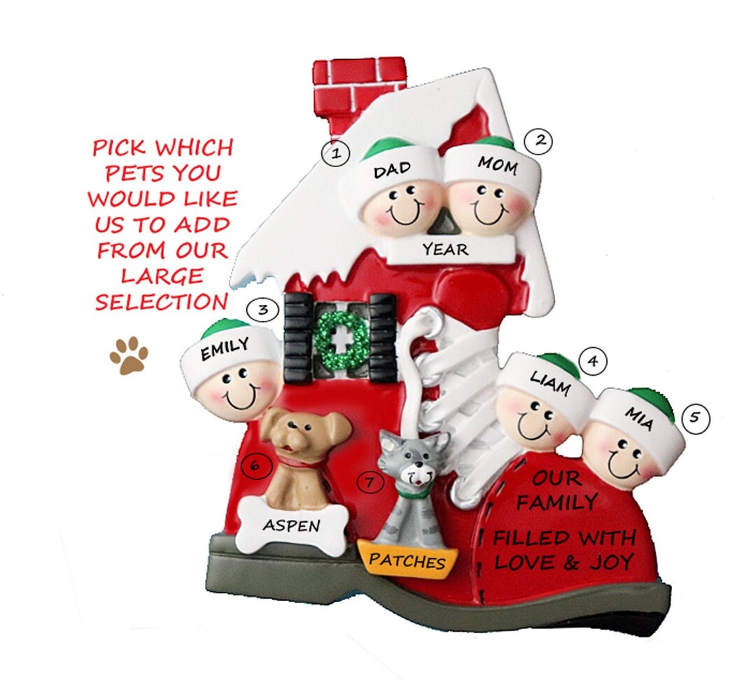 Red Shoe House Family 5 Personalized Ornament With 2 Dogs or Cats ...