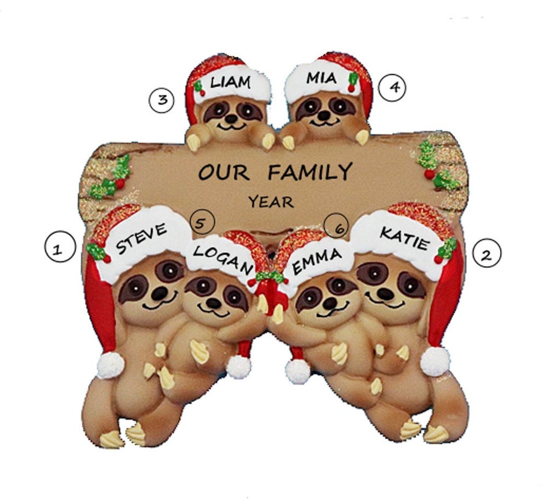 Sloth Family of 6 Personalized Ornament - 6 Sloths Hanging on Log ...