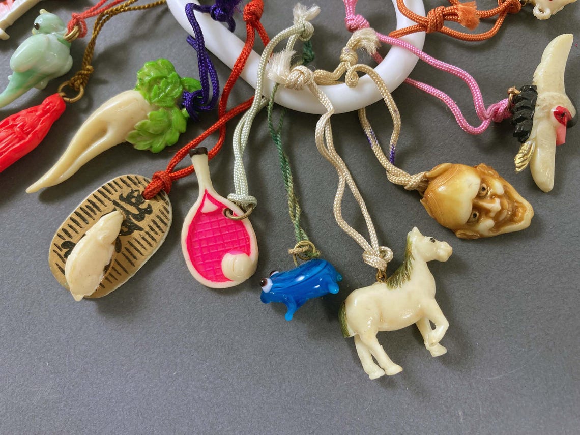 Vintage Celluloid & Glass Charms Japanese Pop Out Eyes Kobe Cracker ...