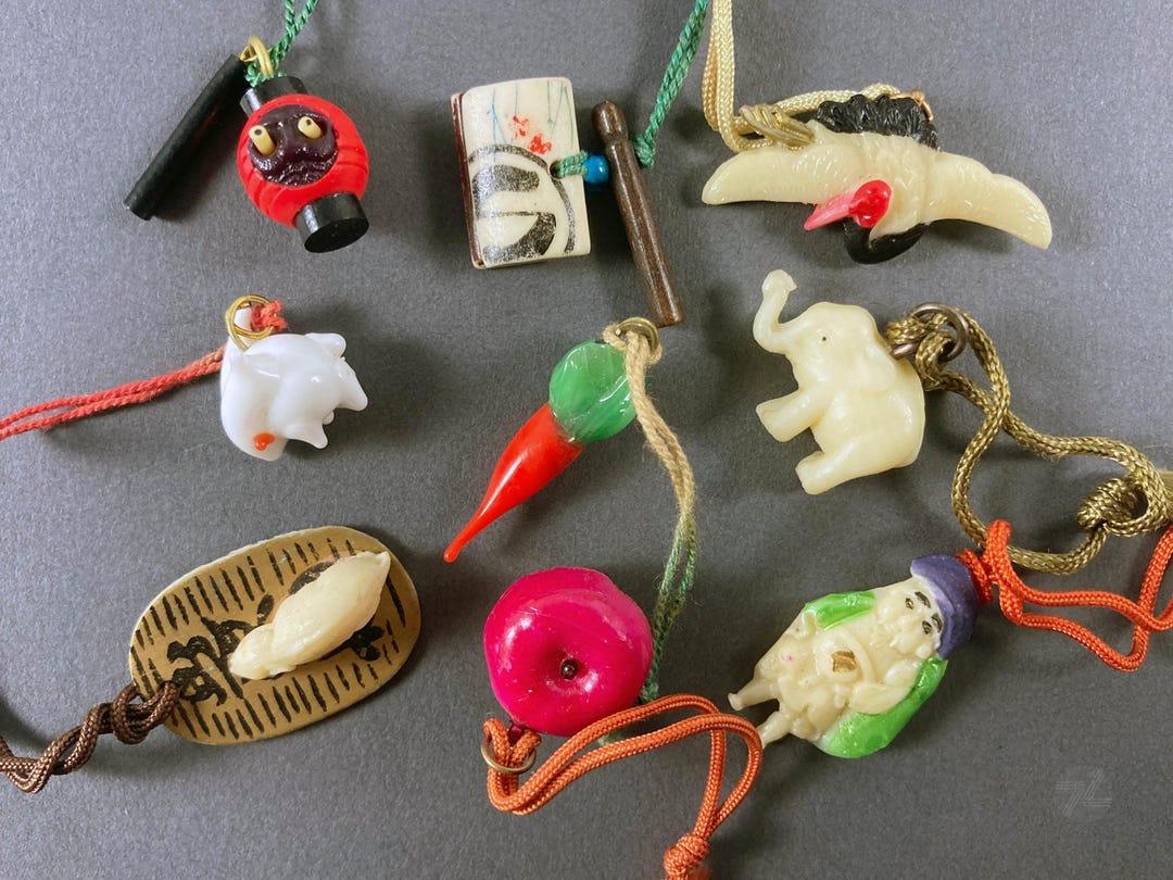 Vintage Celluloid & Glass Charms Japanese Pop Out Eyes Kobe Cracker ...