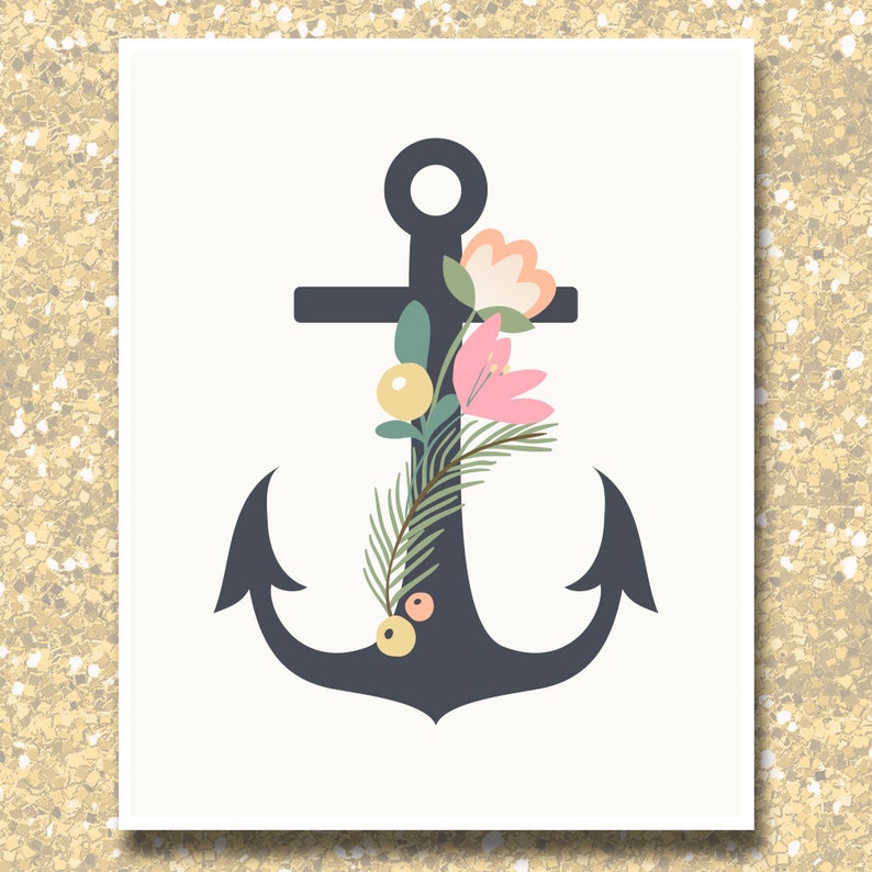 Anchor Art Print | Feminine Floral Flowers Printable | Botanical ...